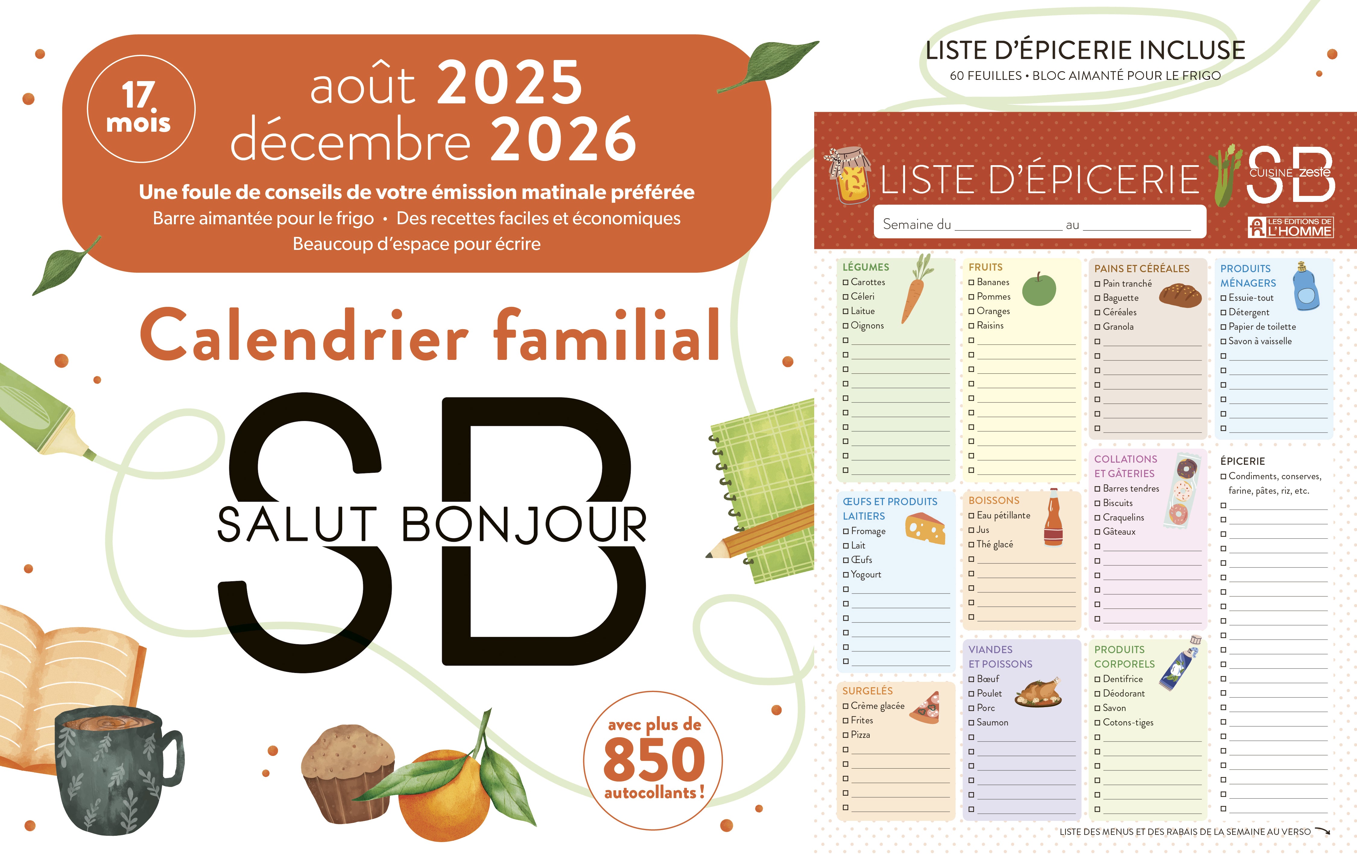 Calendrier familial Salut Bonjour 2025-2026 + Listes d'épicerie Salut ...